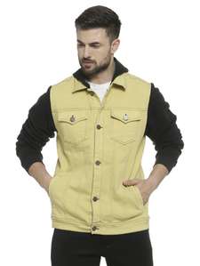 Buy online Yellow Color Block Denim Jacket from Jackets for Men by ...