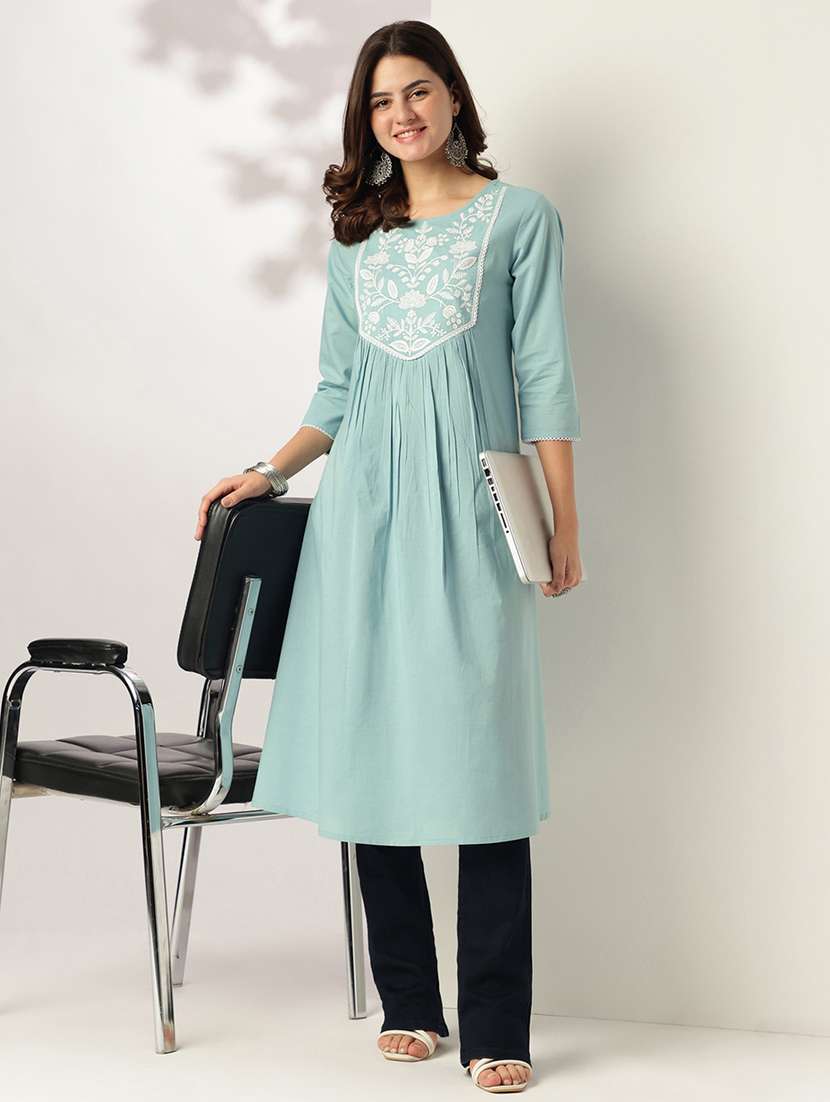 Buy online Women Solid With Work Three Quarter Sleeve A-line Kurta from ...